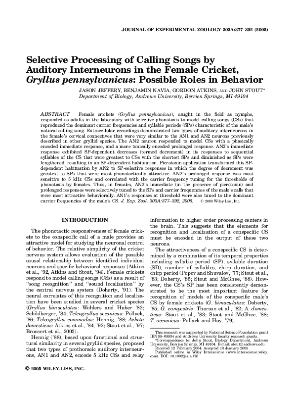 (PDF) Selective Processing of Calling Songs by Auditory Interneurons in ...