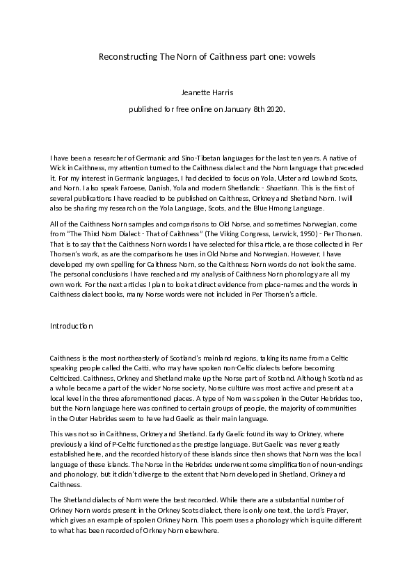 (PDF) Reconstructing The Norn of Caithness part one: vowels