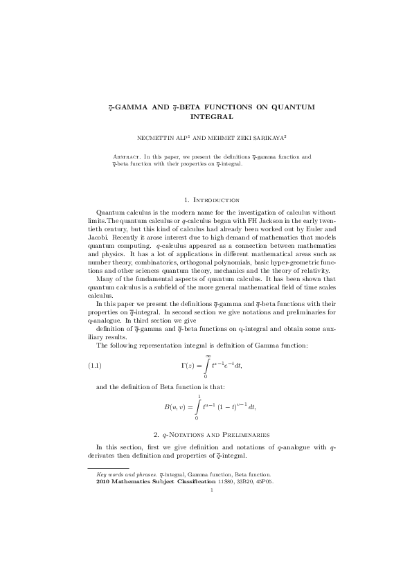 (PDF) Q GAMMA q BETA FUNCTIONS ON QUANTUM INTEGRAL