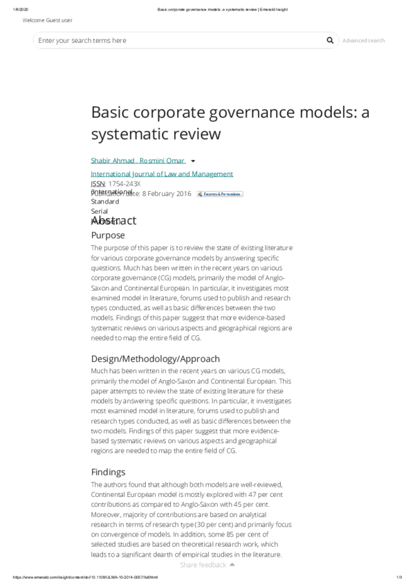(PDF) Basic corporate governance models: a systematic review