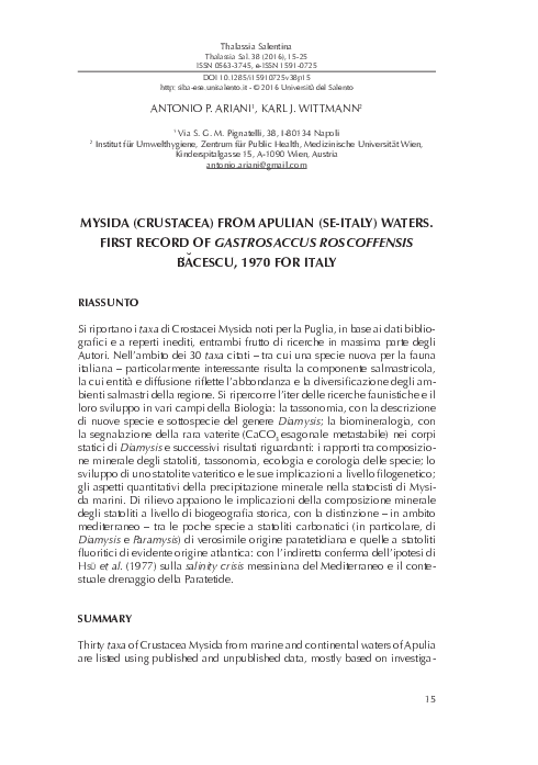 (PDF) MYSIDA (CRUSTACEA) FROM APULIAN (SE-ITALY) WATERS. FIRST RECORD ...