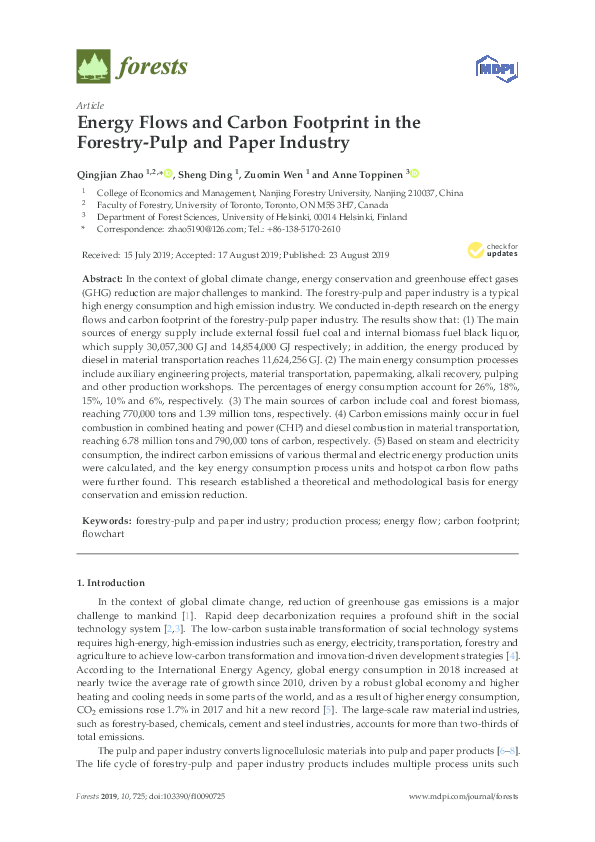 (PDF) Energy Flows and Carbon Footprint in the Forestry-Pulp and Paper ...