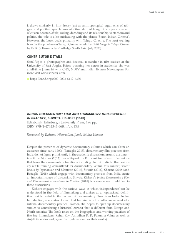 (PDF) Review:INDIAN DOCUMENTARY FILM AND FILMMAKERS: INDEPENDENCE IN PRACTICE, SHWETA KISHORE (2018)