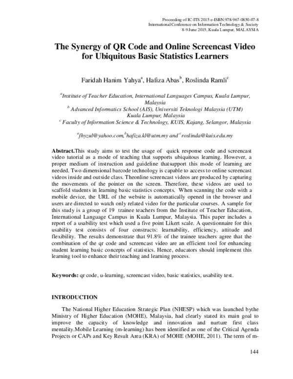 (PDF) The Synergy of QR Code and Online Screencast Video for Ubiquitous Basic Statistics Learners