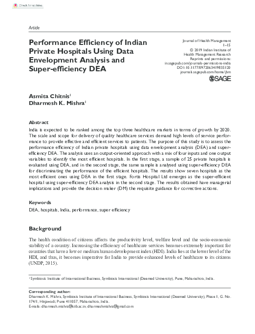 (PDF) Performance Efficiency of Indian Private Hospitals Using Data Envelopment Analysis and ...