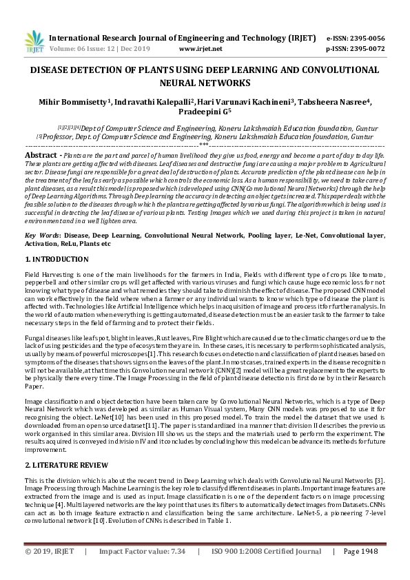 Pdf Irjet Disease Detection Of Plants Using Deep Learning And