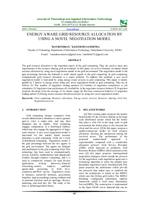 (PDF) ENERGY AWARE GRID RESOURCE ALLOCATION BY USING A NOVEL NEGOTIATION MODEL