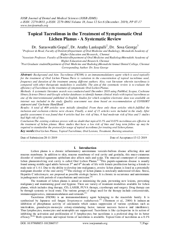 (PDF) Topical Tacrolimus in the Treatment of Symptomatic Oral Lichen Planus -A Systematic Review