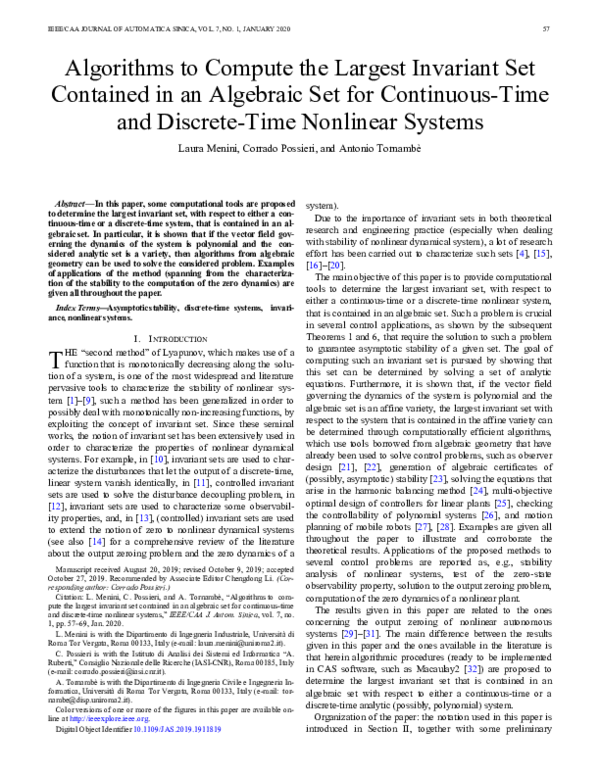 Pdf Algorithms To Compute The Largest Invariant Set Contained In An Algebraic Set For