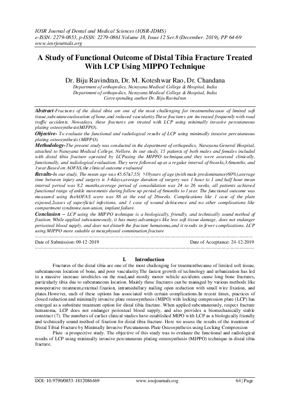 (PDF) A Study of Functional Outcome of Distal Tibia Fracture Treated With LCP Using MIPPO Technique