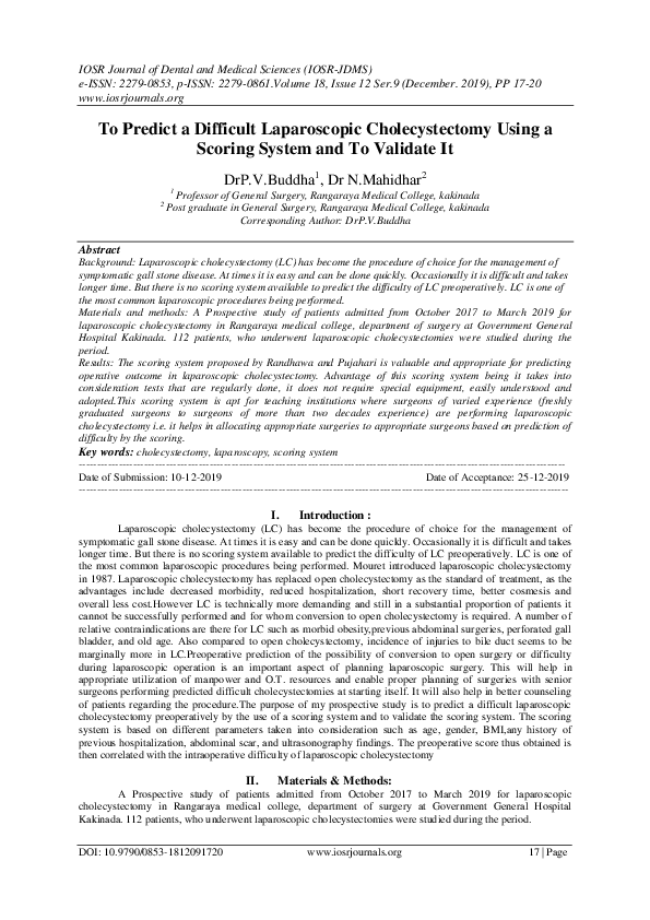 Pdf To Predict A Difficult Laparoscopic Cholecystectomy Using A Scoring System And To Validate It