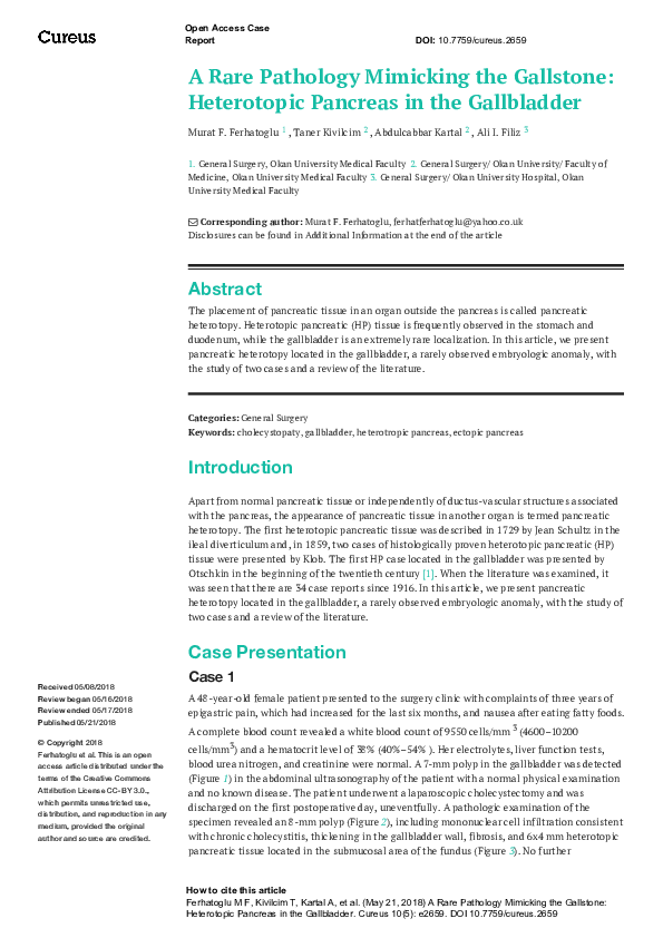 (PDF) A Rare Pathology Mimicking the Gallstone: Heterotopic Pancreas in the Gallbladder