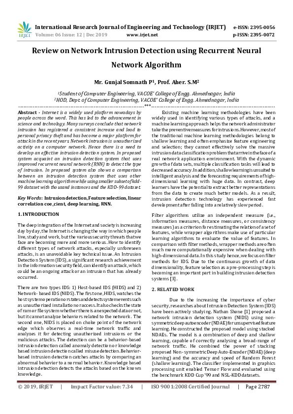 Pdf Irjet Review On Network Intrusion Detection Using Recurrent Neural Network Algorithm
