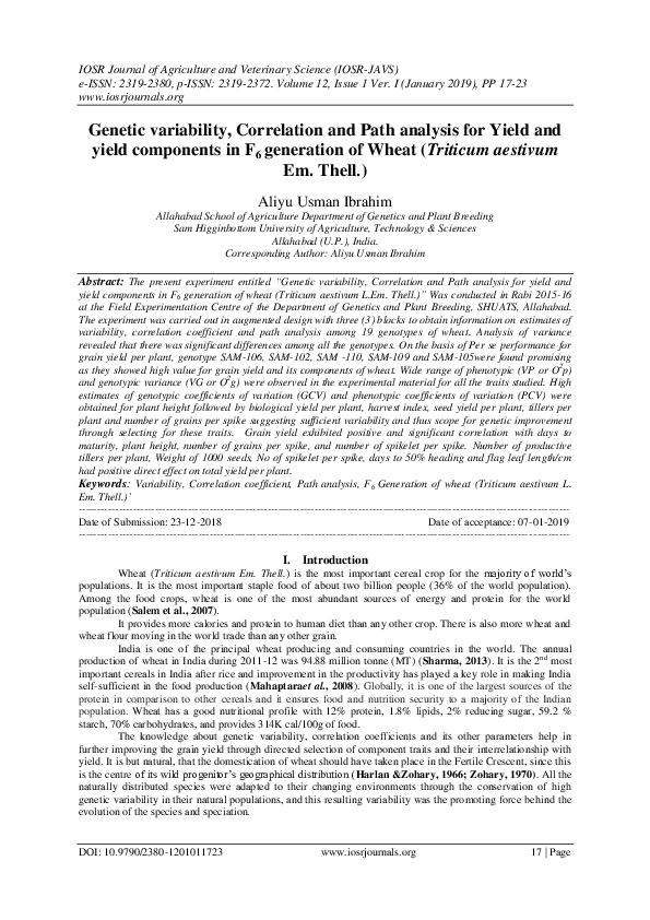 (PDF) Genetic variability, Correlation and Path analysis for Yield and yield components in F6 ...