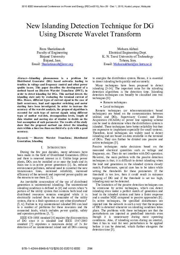 Pdf New Islanding Detection Technique For Dg Using Discrete Wavelet