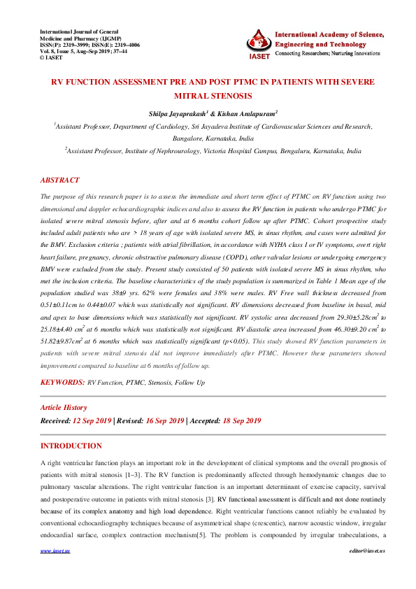 (PDF) RV FUNCTION ASSESSMENT PRE AND POST PTMC IN PATIENTS WITH SEVERE ...