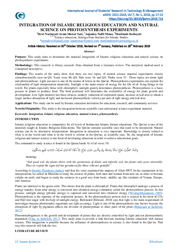 (PDF) INTEGRATION OF ISLAMIC RELIGIOUS EDUCATION AND NATURAL SCIENCE ON ...