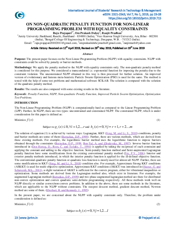 (PDF) ON NON-QUADRATIC PENALTY FUNCTION FOR NON-LINEAR PROGRAMMING PROBLEM WITH EQUALITY CONSTRAINTS