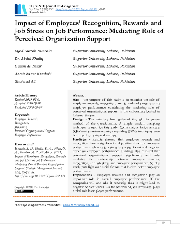 (PDF) Impact of Employees' Recognition, Rewards and Job Stress on Job Performance: Mediating ...