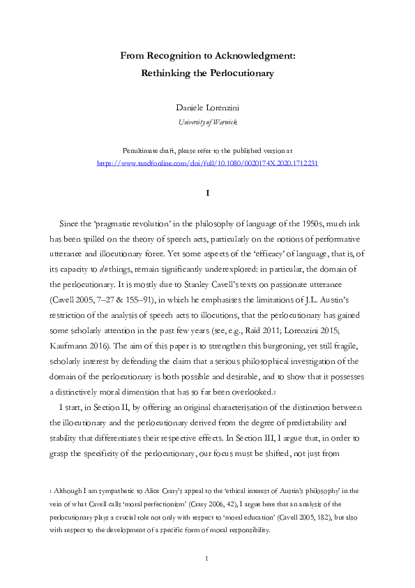 (PDF) From Recognition to Acknowledgment: Rethinking the Perlocutionary