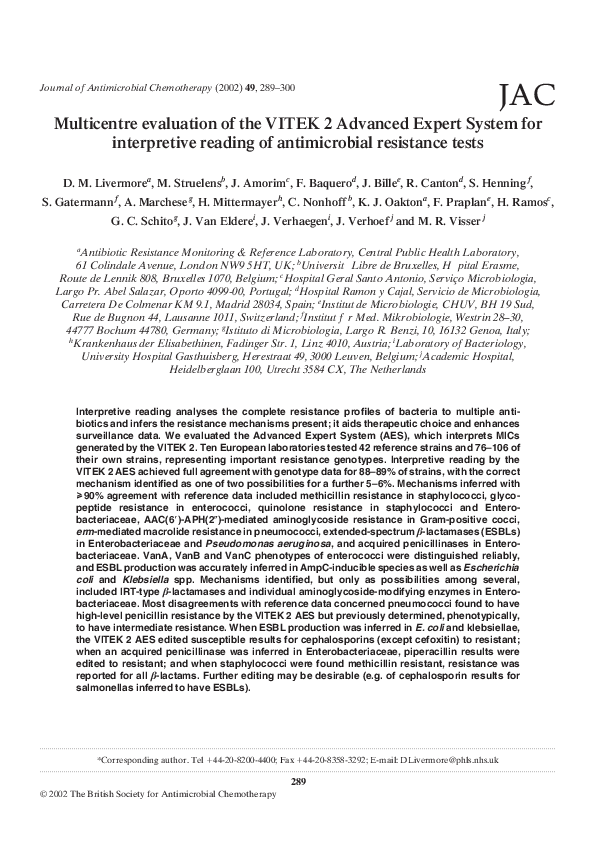 (PDF) Multicentre evaluation of the VITEK 2 Advanced Expert System for ...