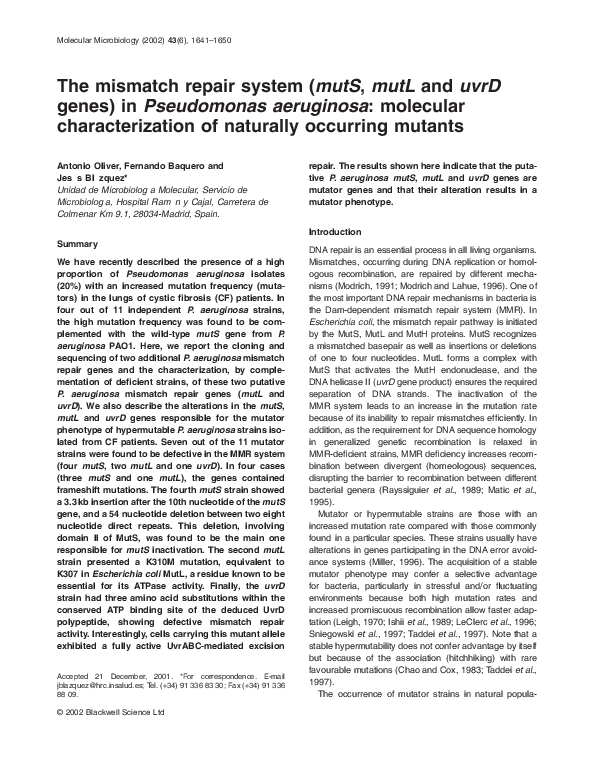 (PDF) The mismatch repair system (mutS, mutL and uvrD genes) in ...