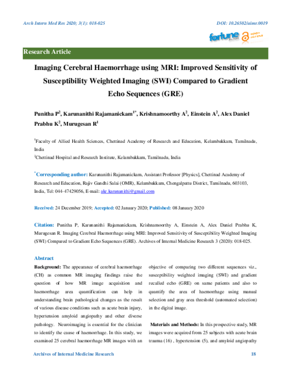 (PDF) Imaging Cerebral Haemorrhage using MRI: Improved Sensitivity of Susceptibility Weighted ...