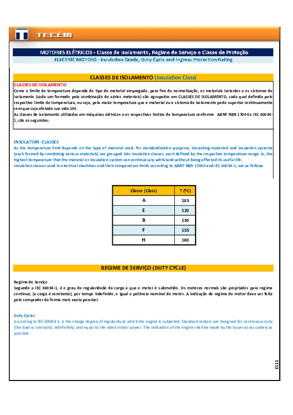 (PDF) T (ºC) MOTORES ELÉTRICOS -Classe de Isolamento, Regime de Serviço ...