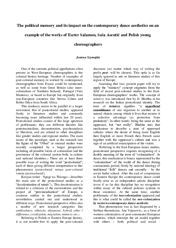 (PDF) The political memory and its impact on the contemporary dance ...