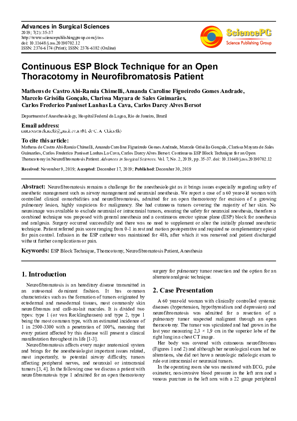 (PDF) Continuous ESP Block Technique for an Open Thoracotomy in ...
