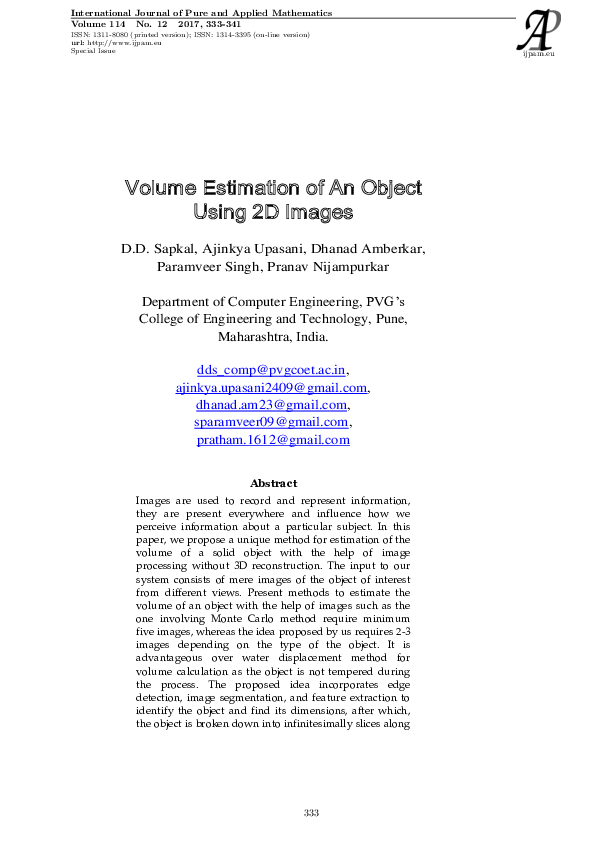 (PDF) Volume estimation of an 3d object using 2d images