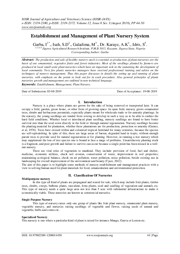 (PDF) Establishment and Management of Plant Nursery System