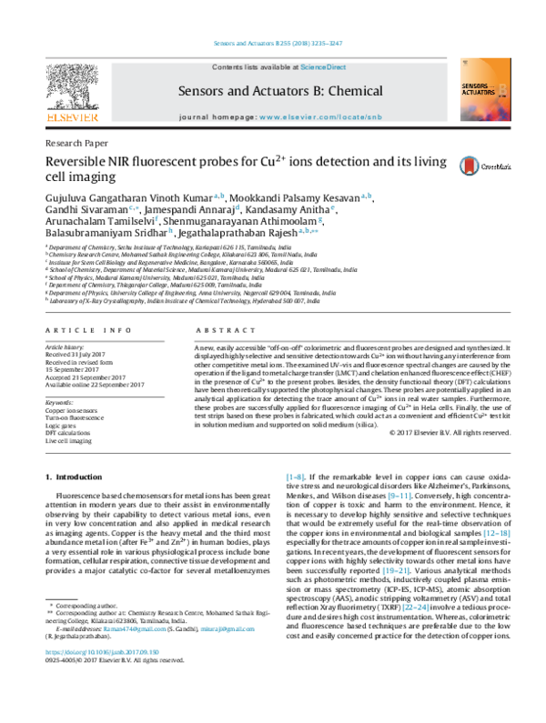 (PDF) Reversible NIR fluorescent probes for Cu 2+ ions detection and its living cell imaging