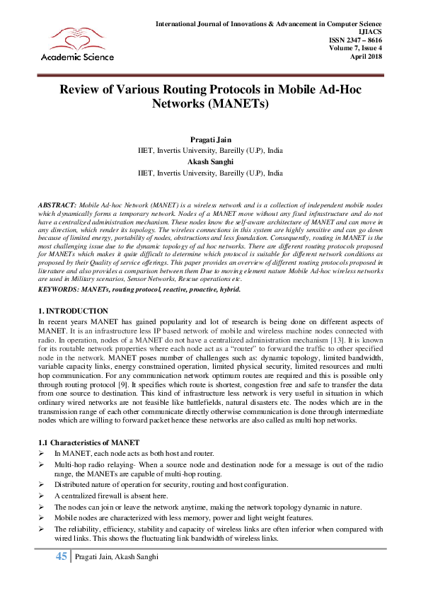 Pdf Review Of Various Routing Protocols In Mobile Ad Hoc Networks Manets