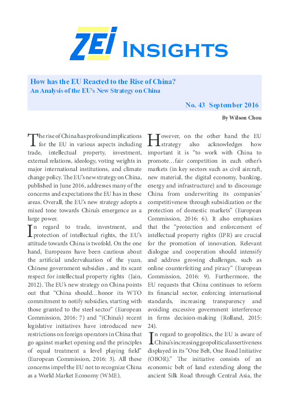 (PDF) Wilson Chou: How has the EU Reacted to the Rise of China?