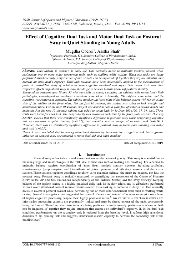 (PDF) Effect of Cognitive Dual Task and Motor Dual Task on Postural Sway in Quiet Standing in ...