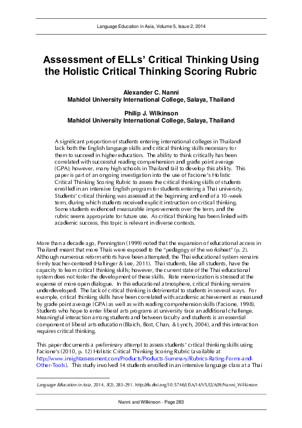 (PDF) Assessment of ELLs’ Critical Thinking Using the Holistic Critical ...