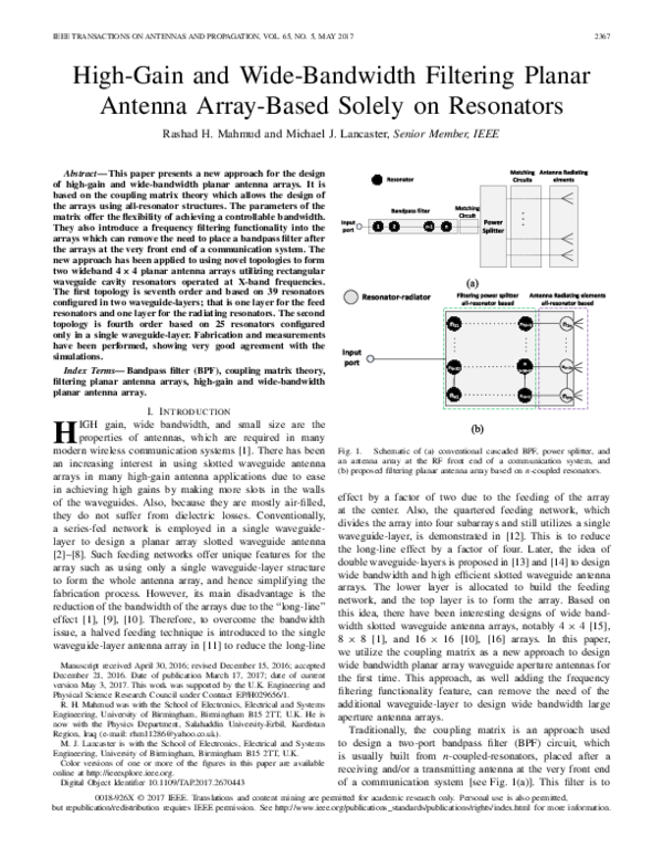 Pdf High Gain And Wide Bandwidth Filtering Planar Antenna Array Based