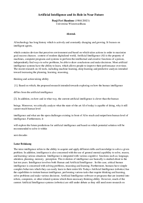 (PDF) Artificial Intelligence and its Role in Near Future