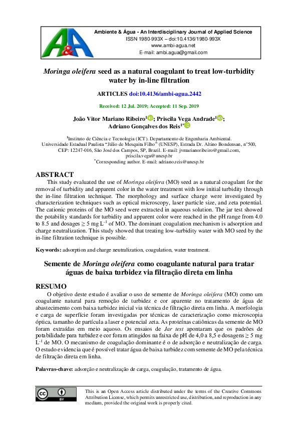 (PDF) Moringa oleifera seed as a natural coagulant to treat low-turbidity water by in-line ...