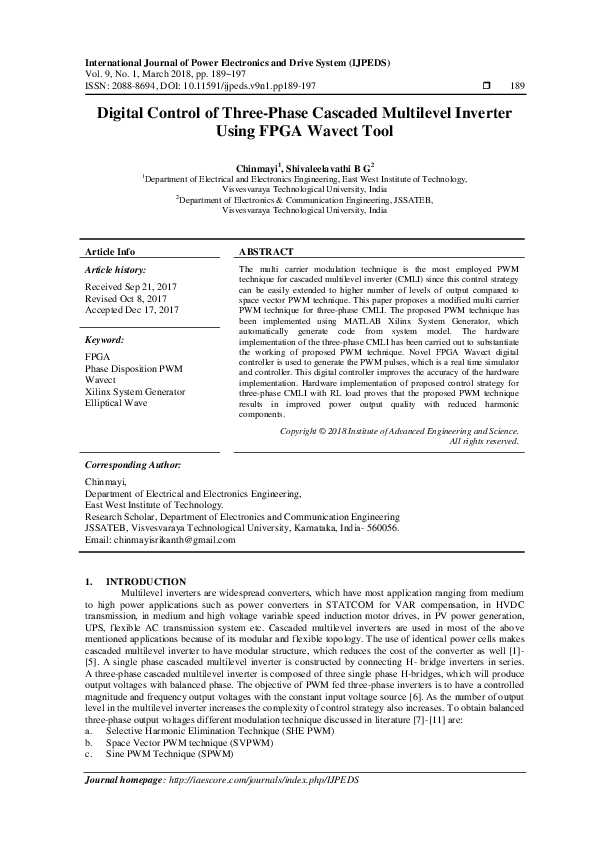 (PDF) Digital Control of Three-Phase Cascaded Multilevel Inverter Using FPGA Wavect Tool