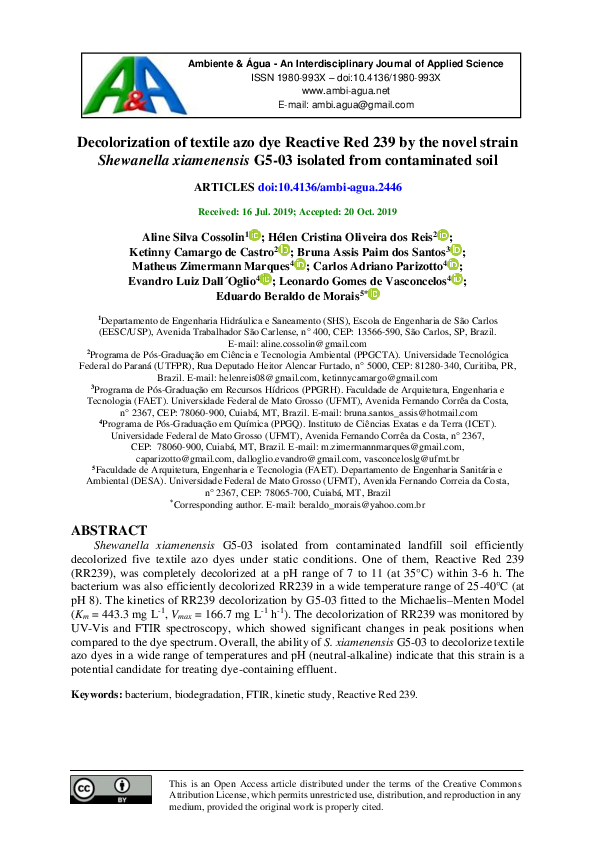 (PDF) Decolorization of textile azo dye Reactive Red 239 by the novel strain Shewanella ...