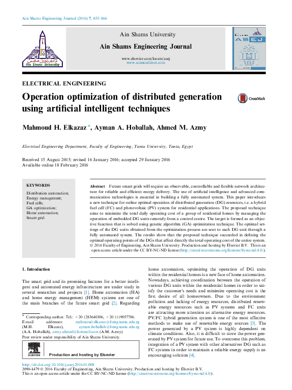 Pdf Operation Optimization Of Distributed Generation Using Artificial Intelligent Techniques