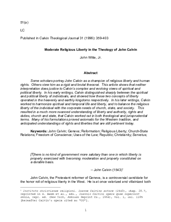 (PDF) Moderate Religious Liberty in the Theology of John Calvin