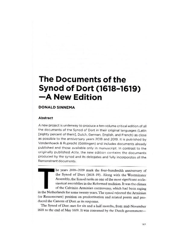 (PDF) The Documents of the Synod of Dort (1618-1619)--A New Edition