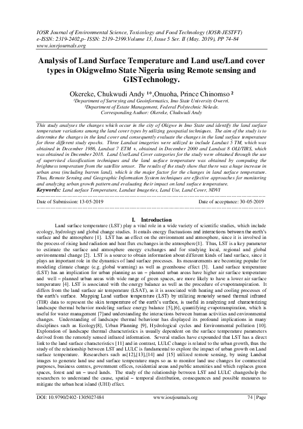(PDF) Analysis of Land Surface Temperature and Land use/Land cover types in OkigweImo State ...