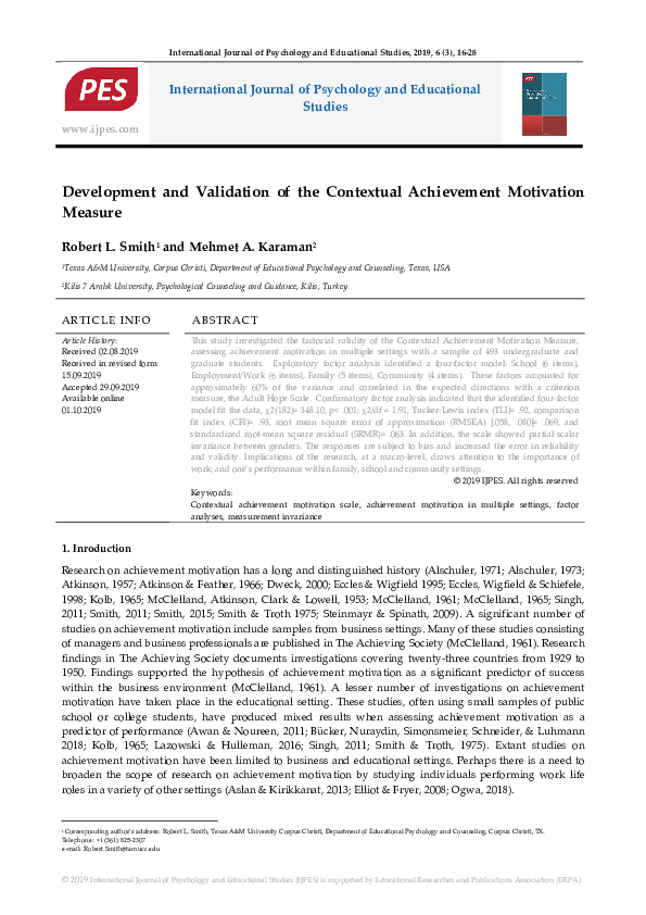(PDF) Development and Validation of the Contextual Achievement Motivation Measure