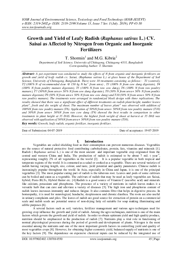 (PDF) Growth and Yield of Leafy Radish (Raphanus sativus L.) CV. Saisai ...