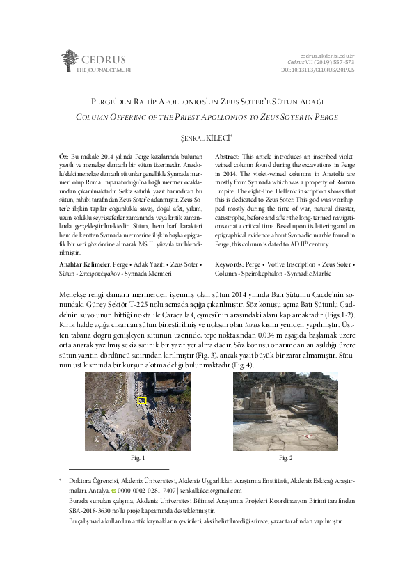 (PDF) Perge’den Rahip Apollonios’un Zeus Soter’e Sütun Adağı [Column ...