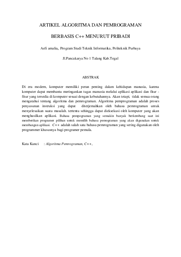 (PDF) ARTIKEL ALGORITMA DAN PEMROGRAMAN BERBASIS C++ MENURUT PRIBADI